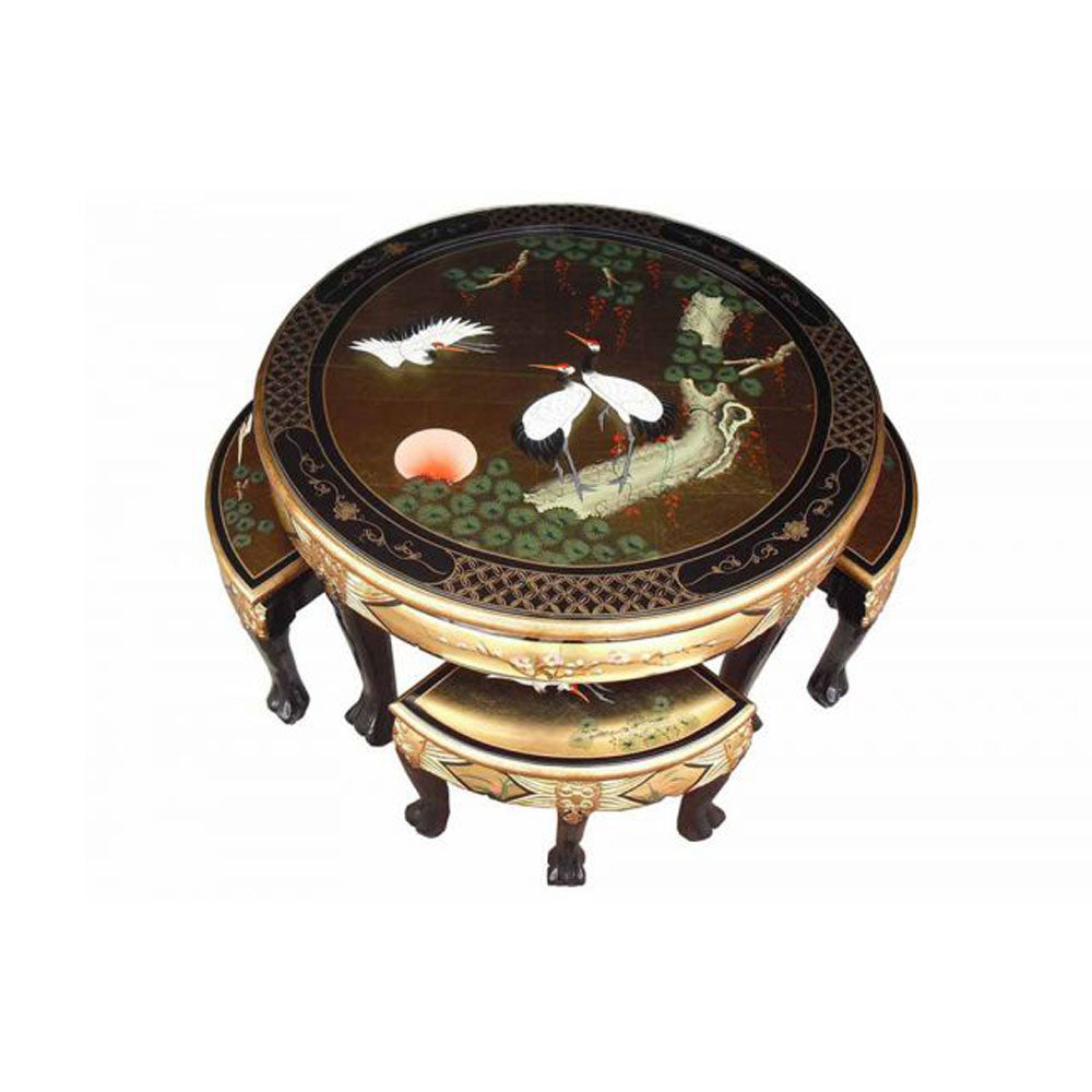 Cranes Design Gold Lacquer Coffee Table & 4 Stools — Tradewinds ...